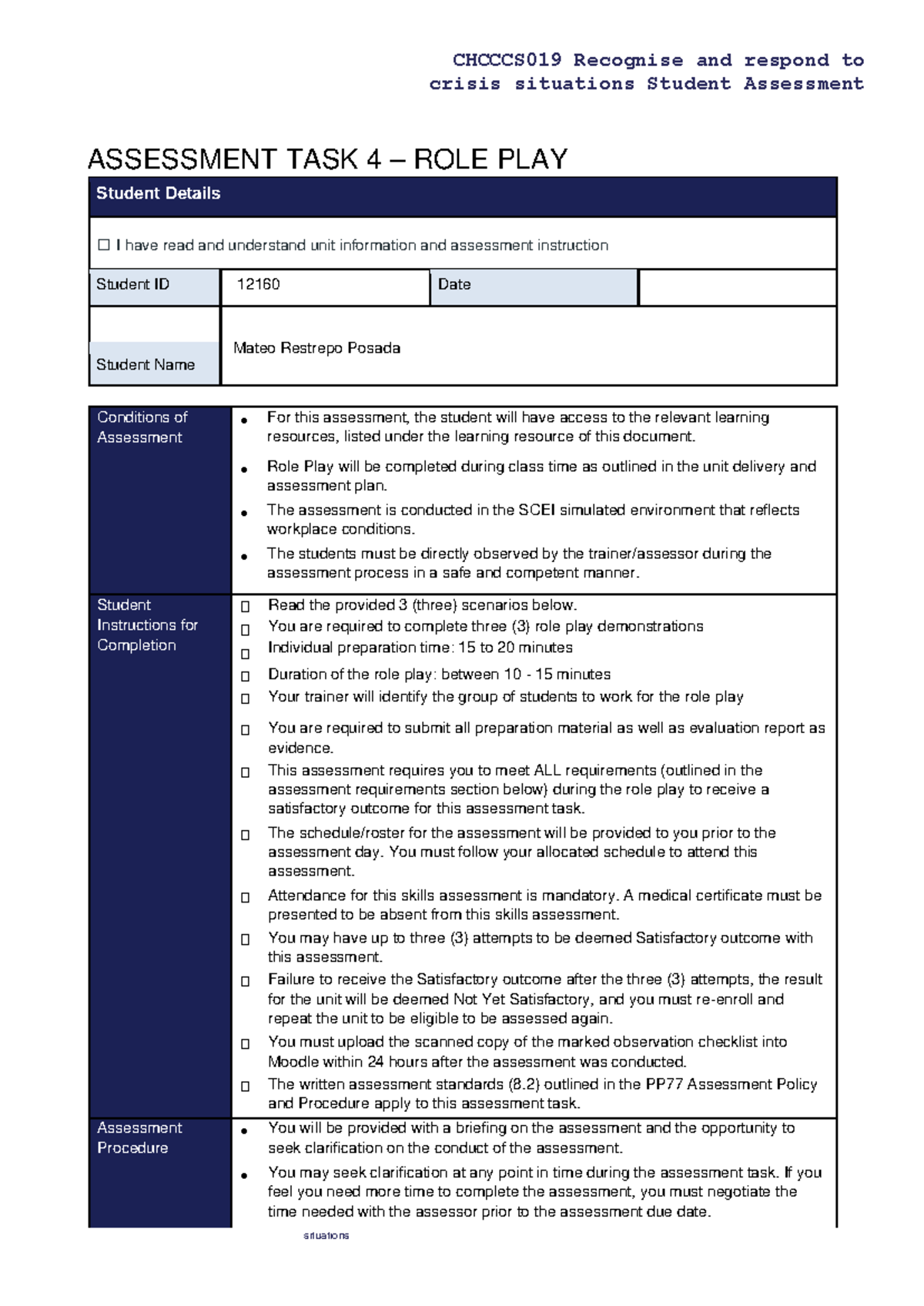 CHCCCS019 Student Assessment Task 4: Role Play Guidelines (2023) - Studocu
