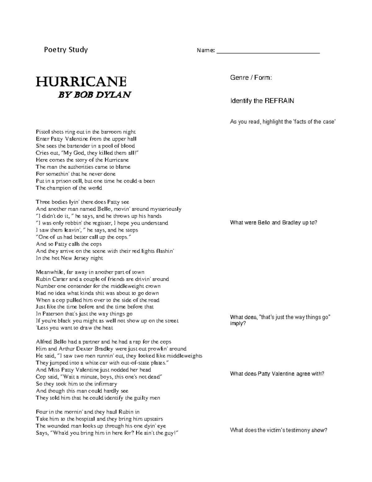 Bob Dylan's "Hurricane" Analysis and Study Notes - T.H.U.G. - Studocu