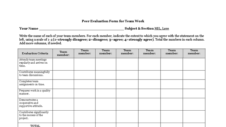 Peer Evaluation Form for Team Work - For each member, indicate the extent to which you agree ...