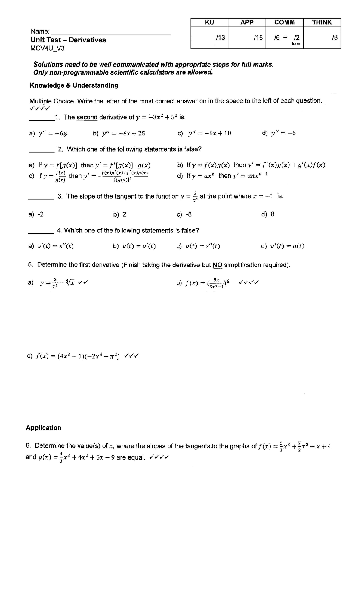 MCV4U Derivatives Unit Test Solutions & Strategies for Success - Studocu