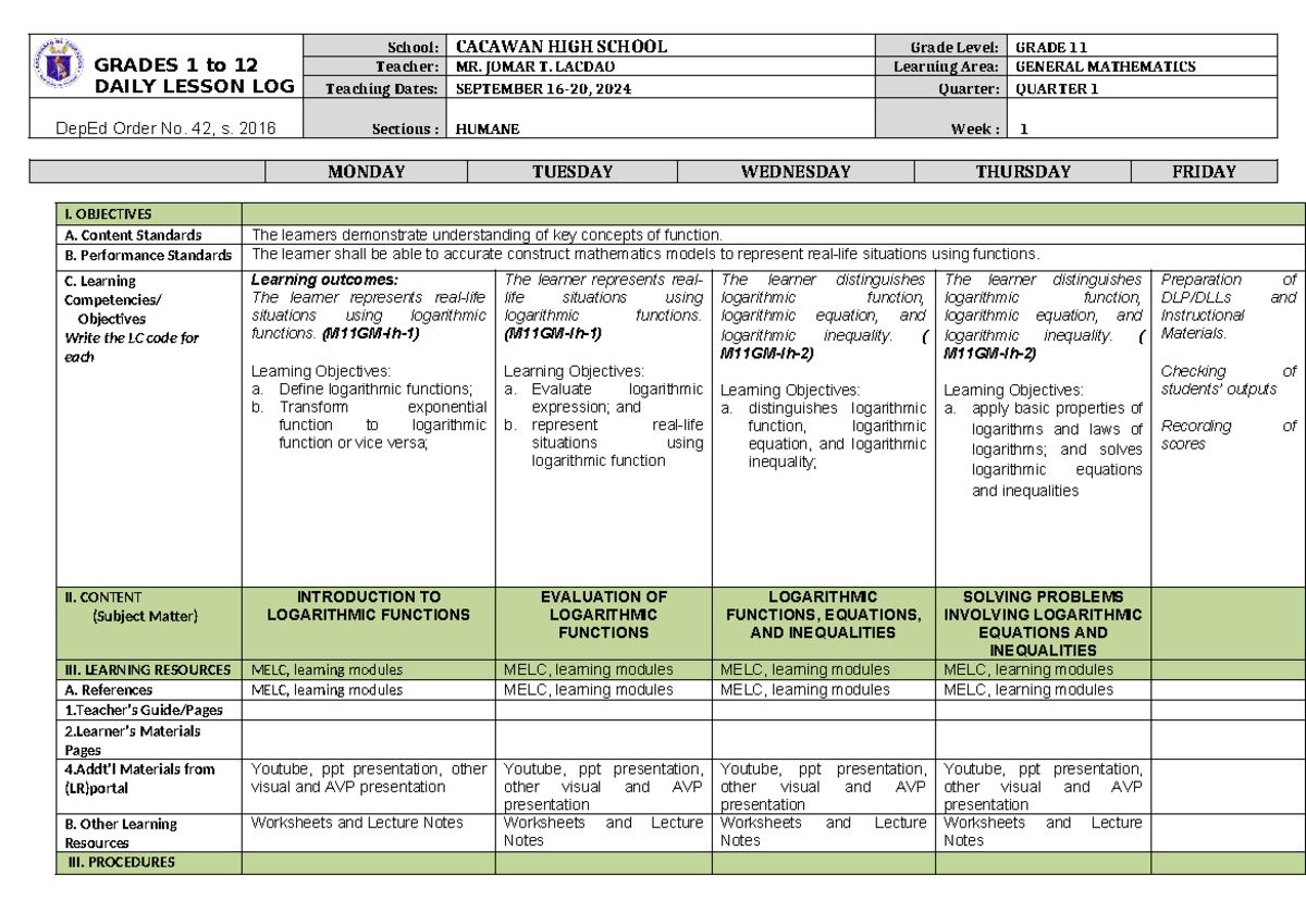 GEN MATH M11 Final Lesson Log - Logarithmic Functions (Week 8) - Studocu