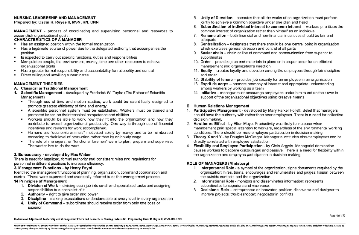 NURS 301 Leadership and Management Lecture Notes by Oscar R. Reyes II ...