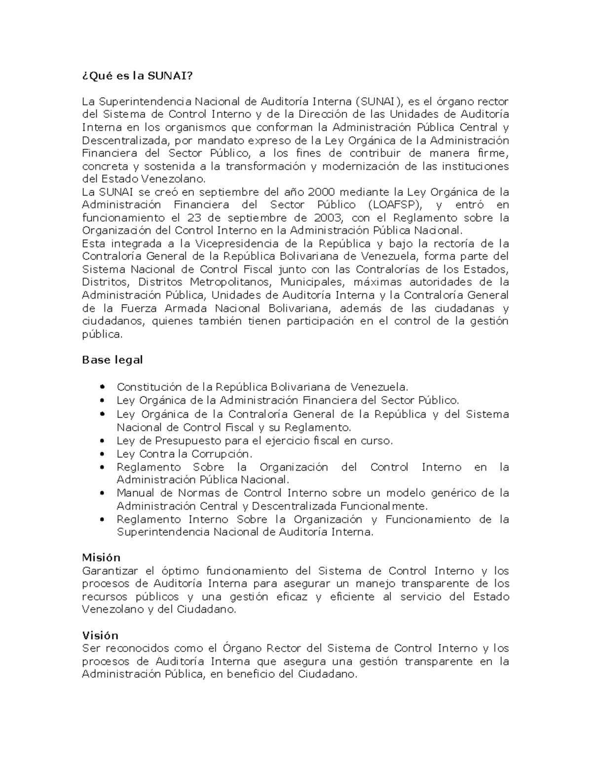 Resumen sobre la SUNAI: Control Interno y Auditoría en Venezuela - Studocu