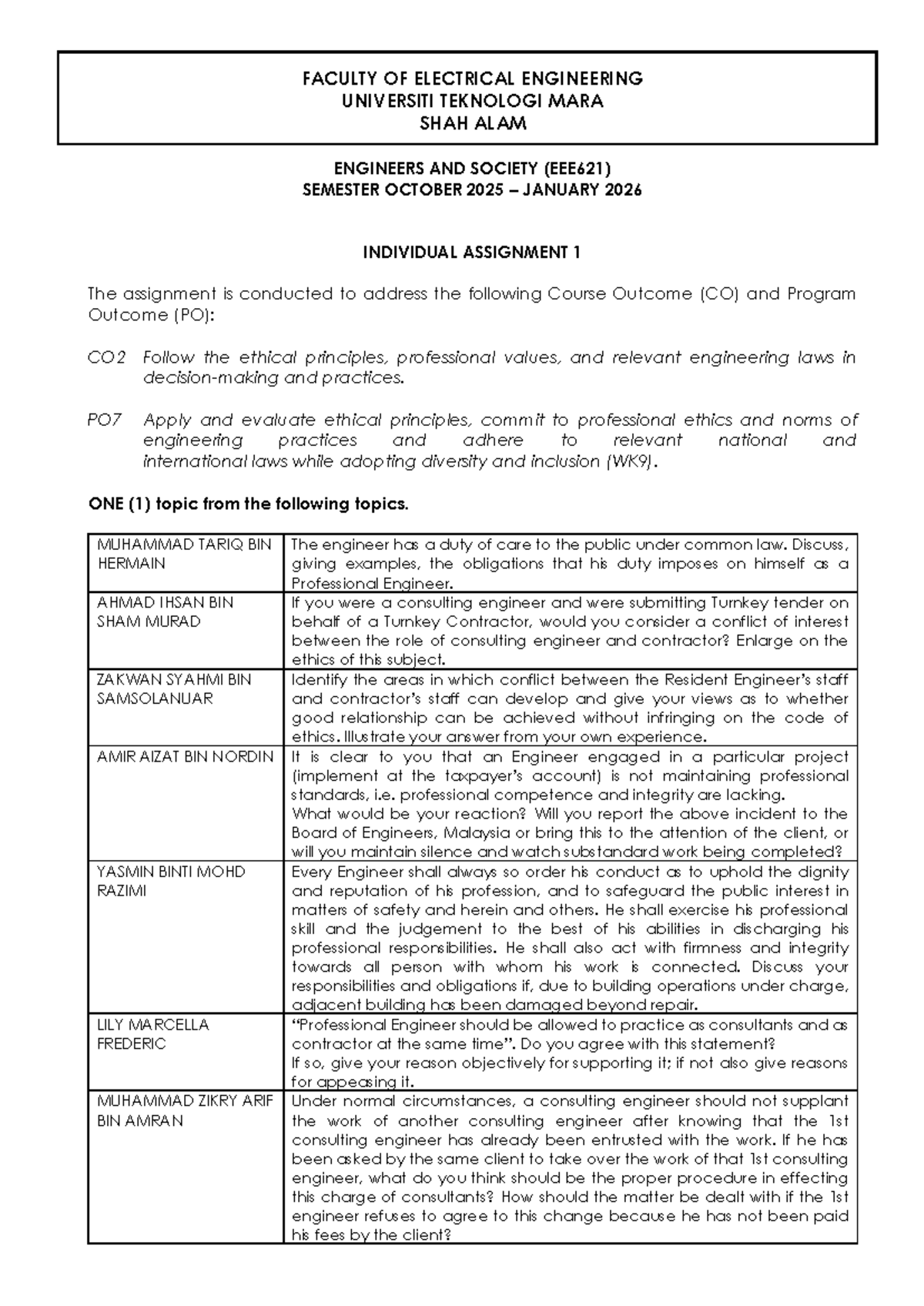 ENGR 101: Individual Assignment 1 on Ethics in Engineering Practices ...