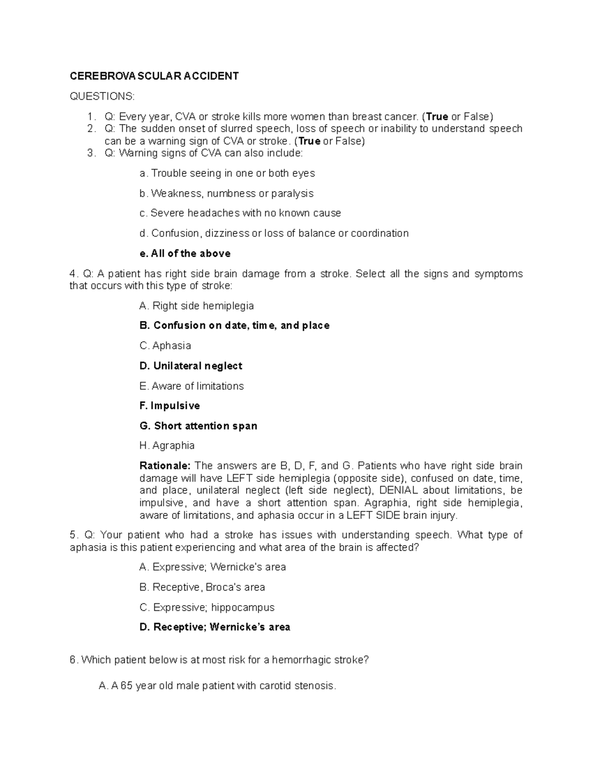 CVA-Quiz - Understanding Stroke Symptoms and Management - Studocu