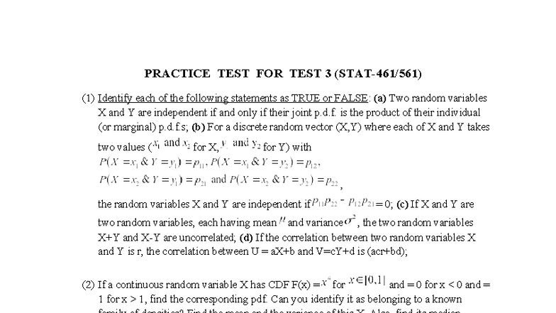STAT 461 PRACTICE TEST FOR TEST 3: Random Variables & Distributions ...