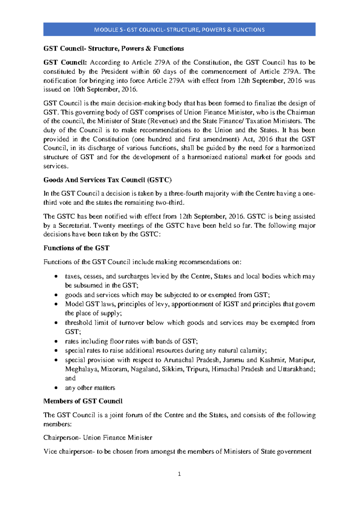 Module 5 - GST Council: Structure, Powers & Functions Overview - Studocu