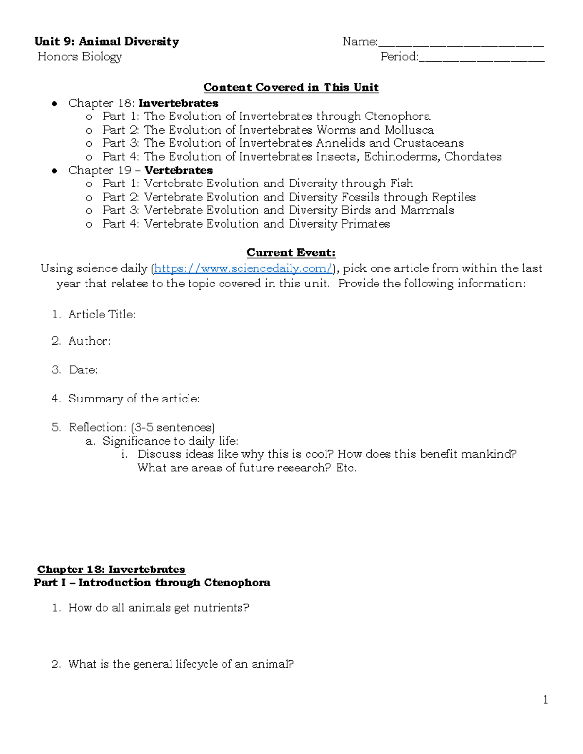 Unit 9: Animal Diversity - Honors Biology - Studocu