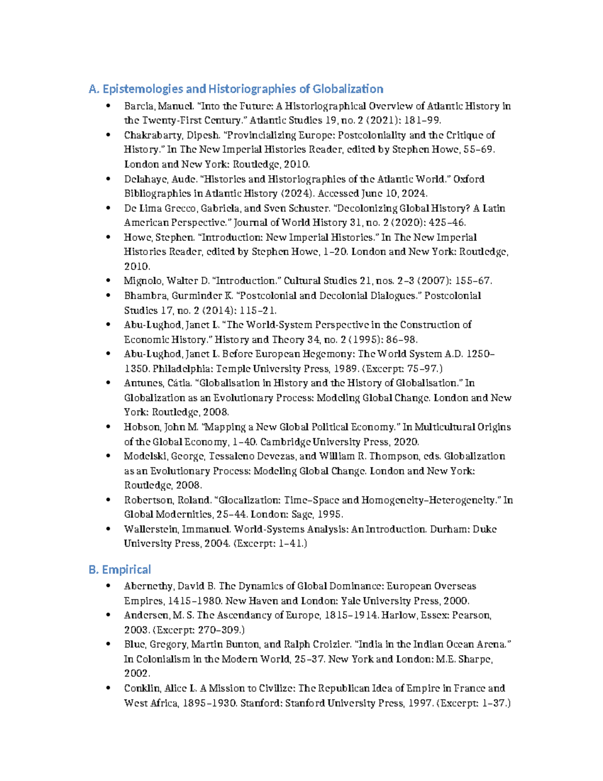 HIST3375: Overview of Globalization Historiographies and Epistemologies ...
