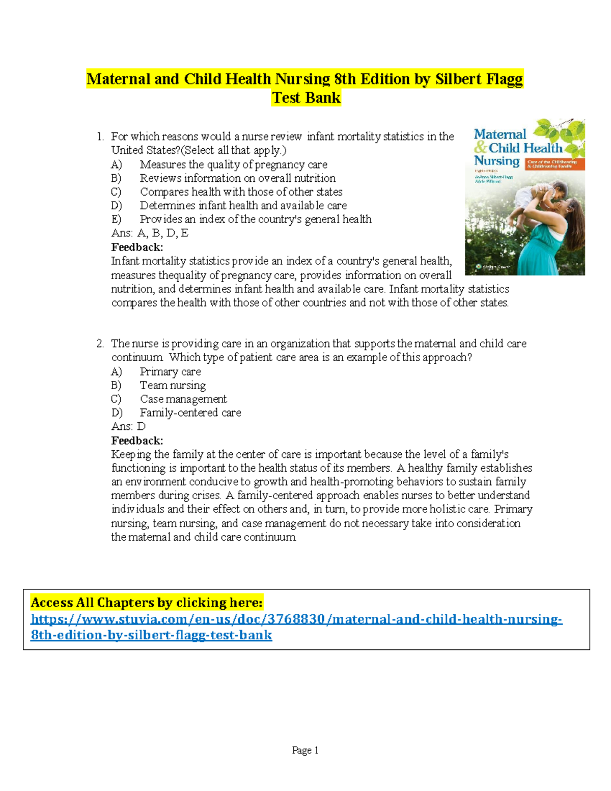 Test Bank for Maternal and Child Health Nursing 8th Ed. by Silbert ...