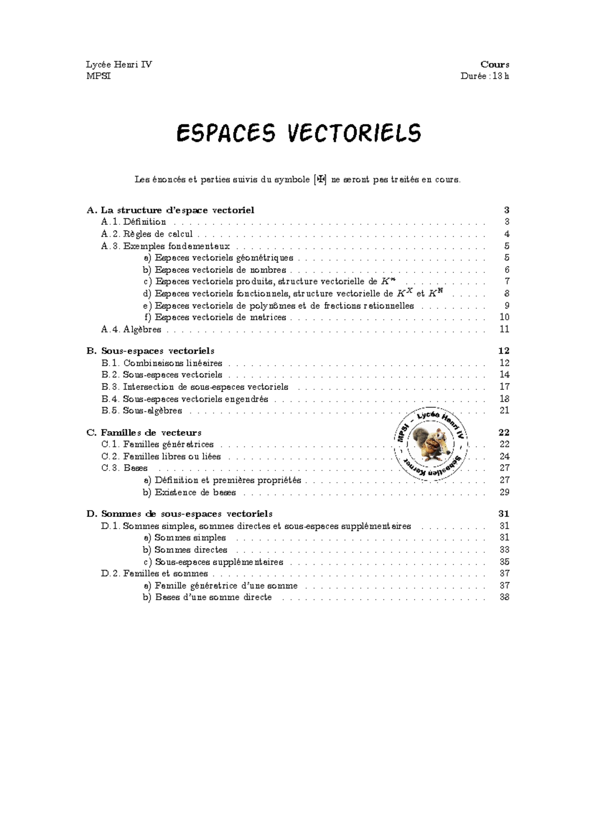 Cours sur les Espaces Vectoriels - MPSI - Studocu