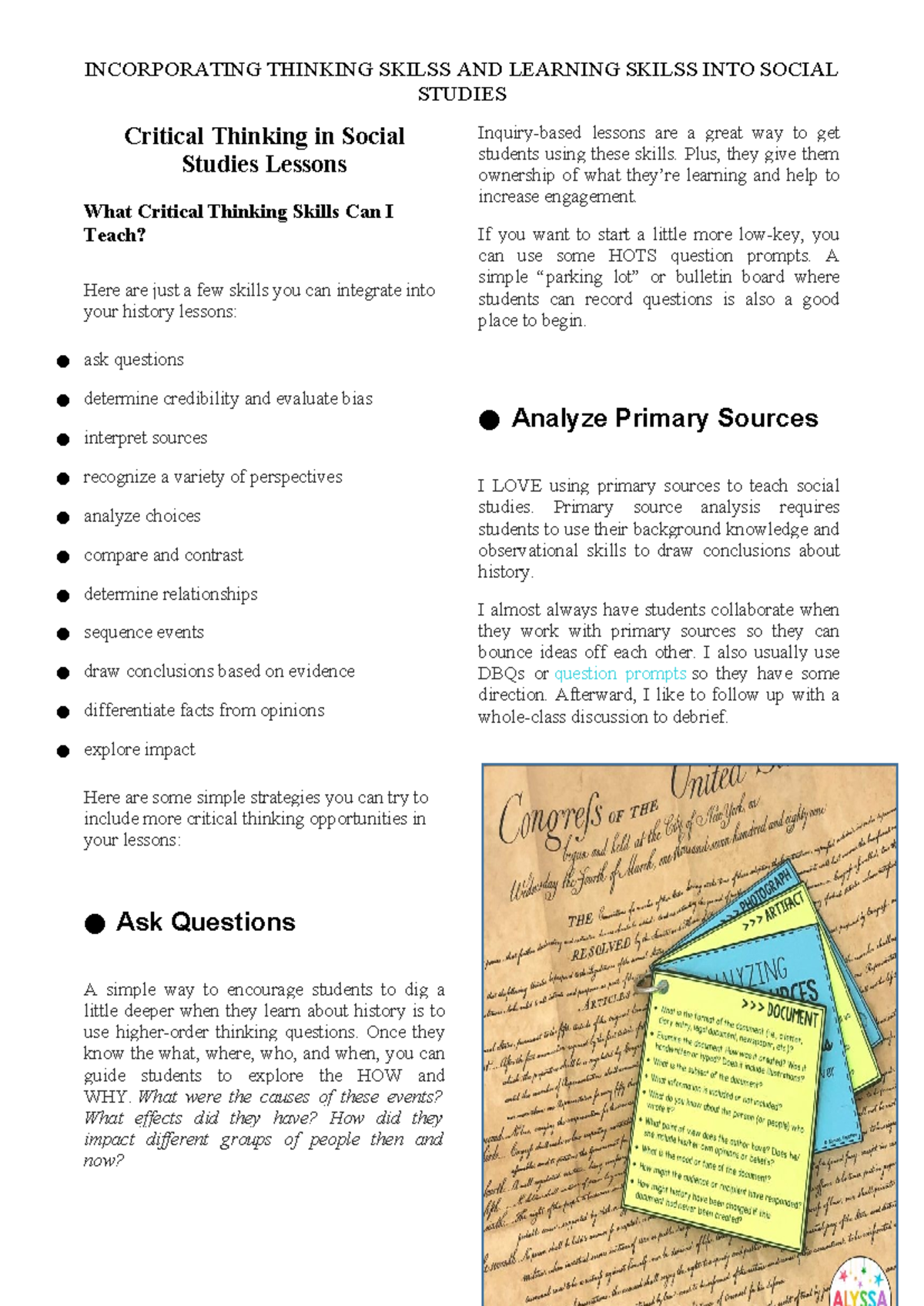 Critical Thinking in Social Studies Lessons - INCORPORATING THINKING ...