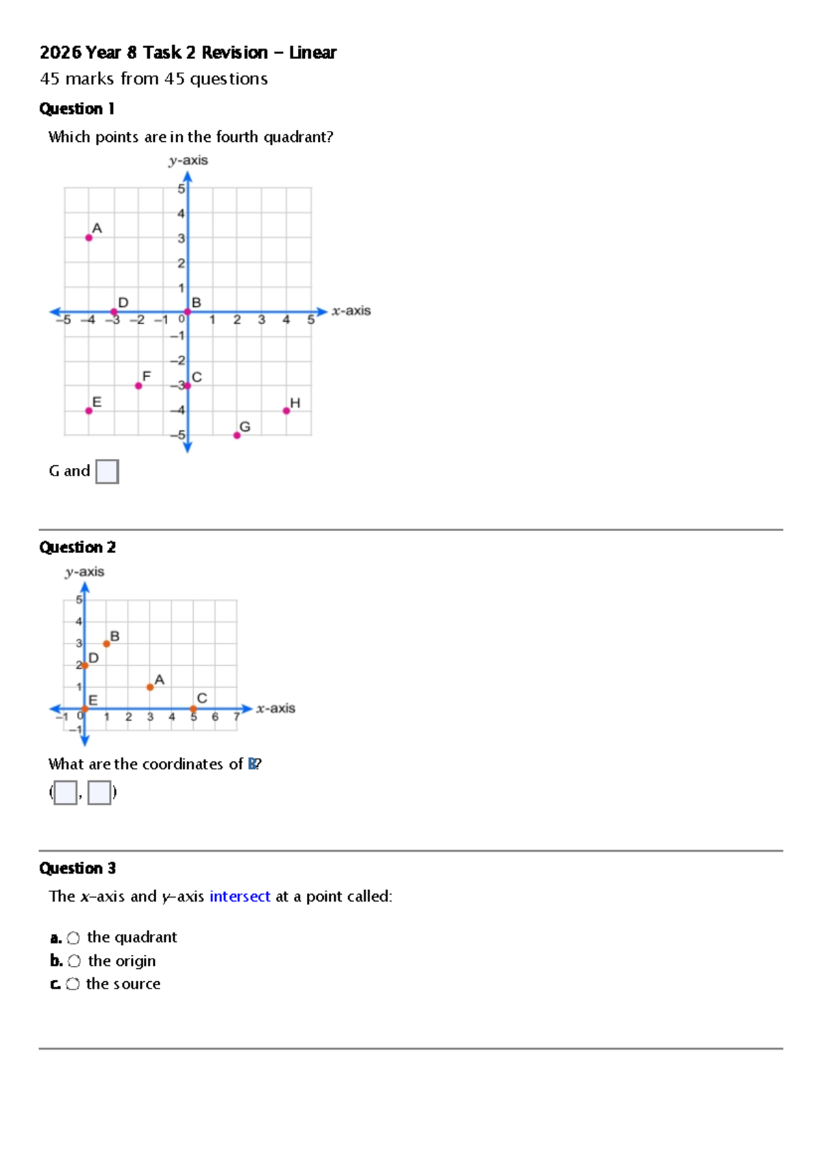 Year 8 Linear Relationships Revision Questions - Task 2 (45 Marks ...