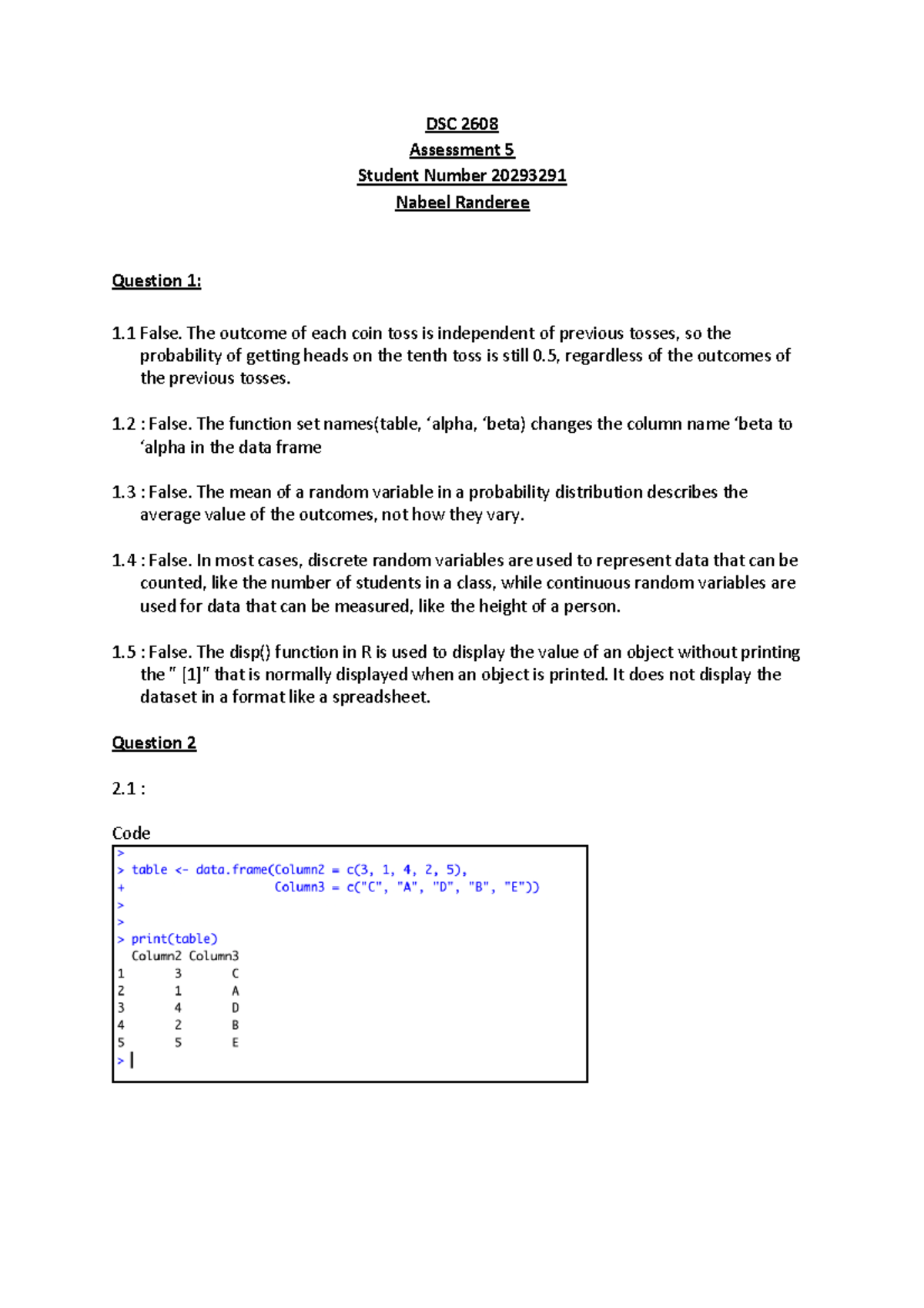 DSC 2608 Assessment 5: Analysis of Probability and Data Manipulation - Studocu
