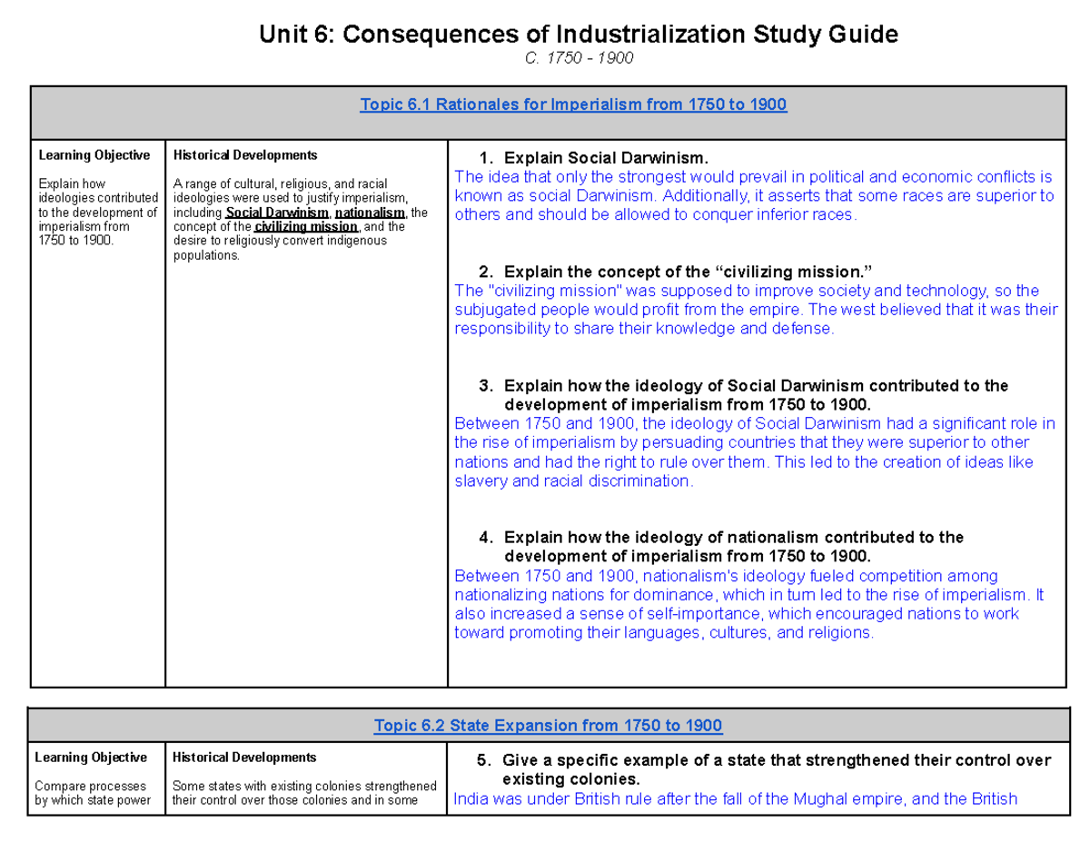 Unit 6 Study Guide: Imperialism and Economic Changes (1750-1900) - Studocu