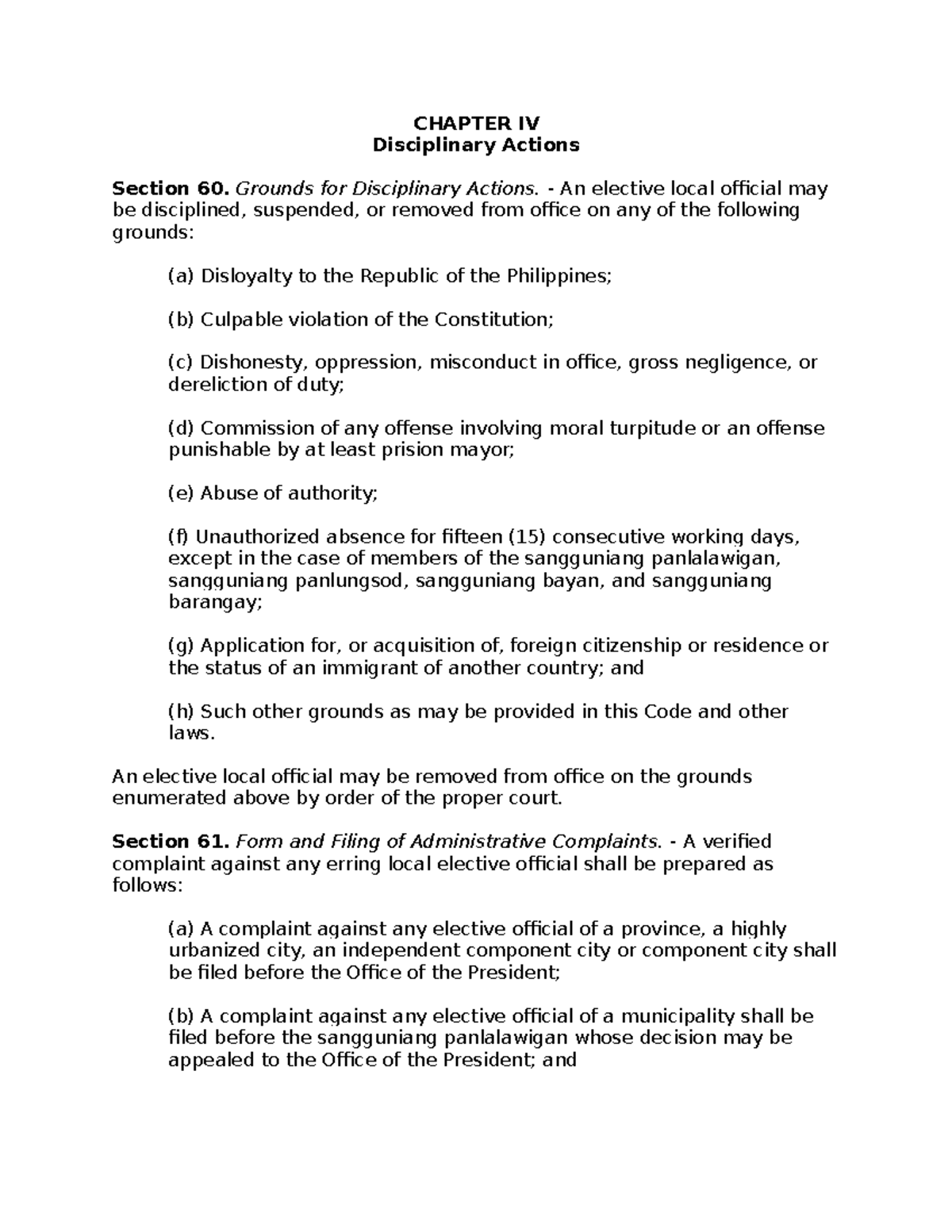 Chapter 4: Disciplinary Actions in Local Government Code - Studocu