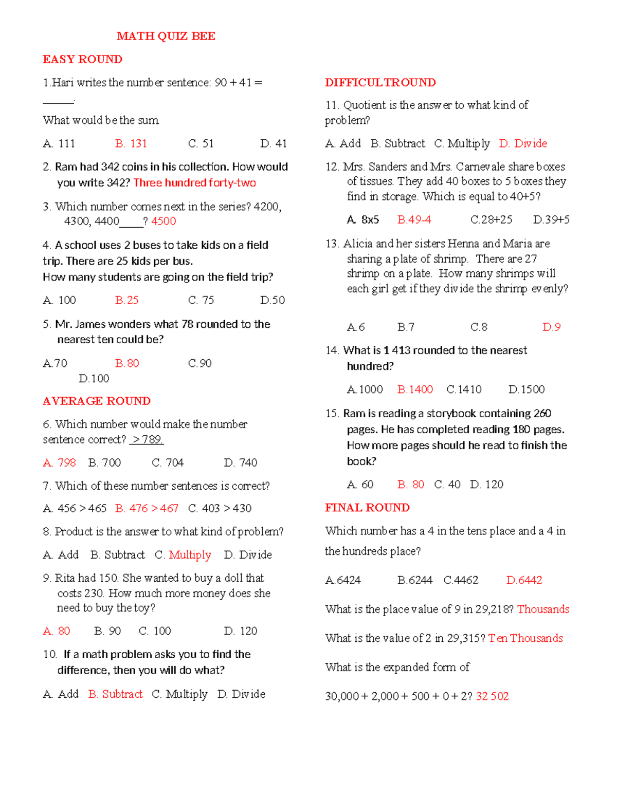 MATH QUIZ BEE - quiz - MATH QUIZ BEE EASY ROUND 1 writes the number ...