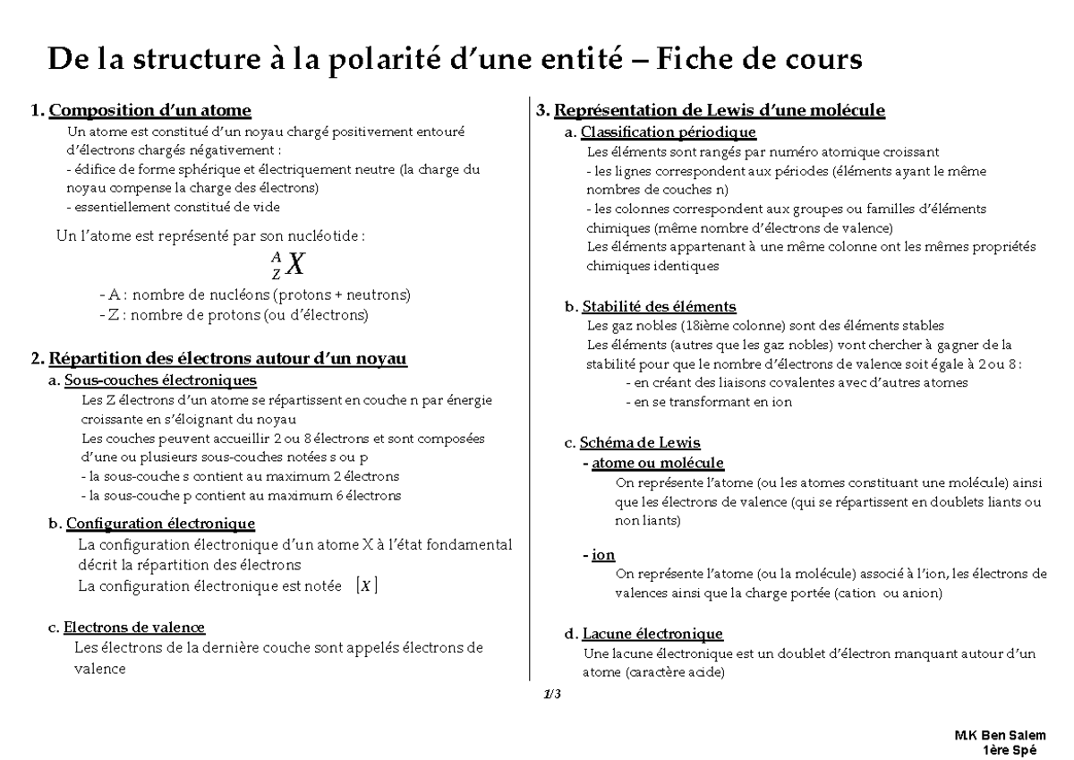 Fiche de cours 1ère Spé : Structure et Polarité des Entités en Physique ...