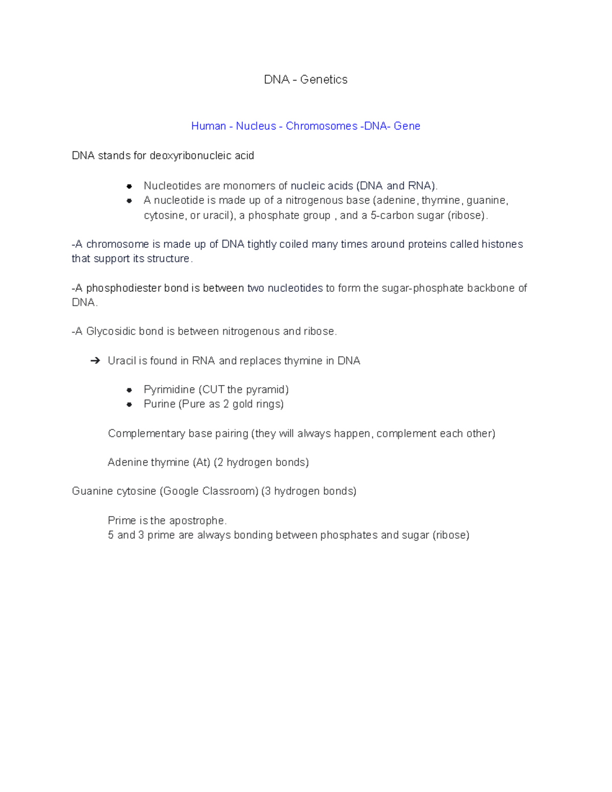 MYP 5 Biology: Comprehensive DNA Genetics Notes - Studocu
