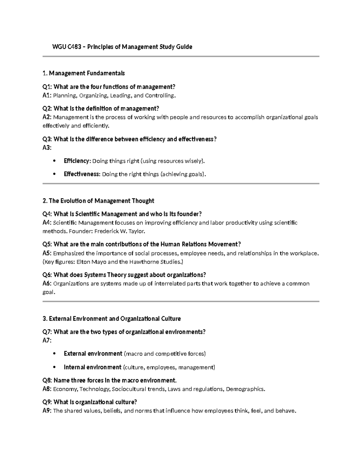 WGU C483 – Comprehensive Study Guide for Principles of Management - Studocu