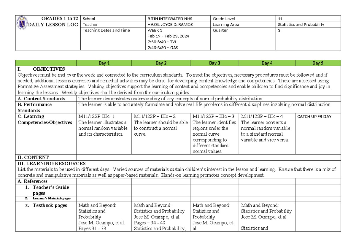 709113290 Stat Prob Daily Lesson Log Week 3: Feb 19-23, 2024 - Studocu