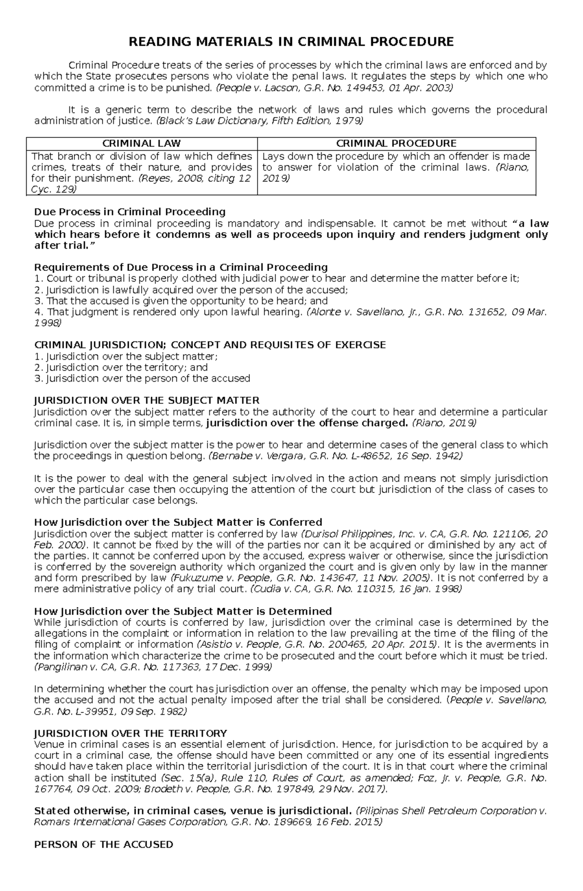 CRIMINAL PROCEDURE READING MATERIALS: JURISDICTION AND DUE PROCESS ...