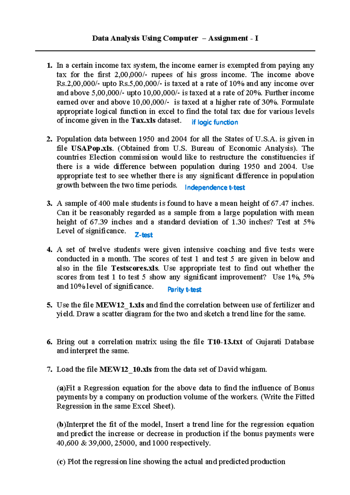 Data Analysis Using Computer Assignment I: Tax, Population & Regression ...