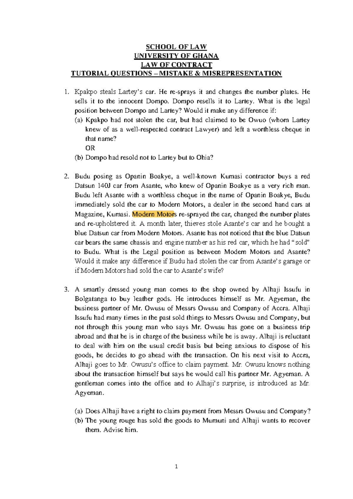 Mistake & Misrepresentation: Tutorial Questions for LAW 2023 - Studocu