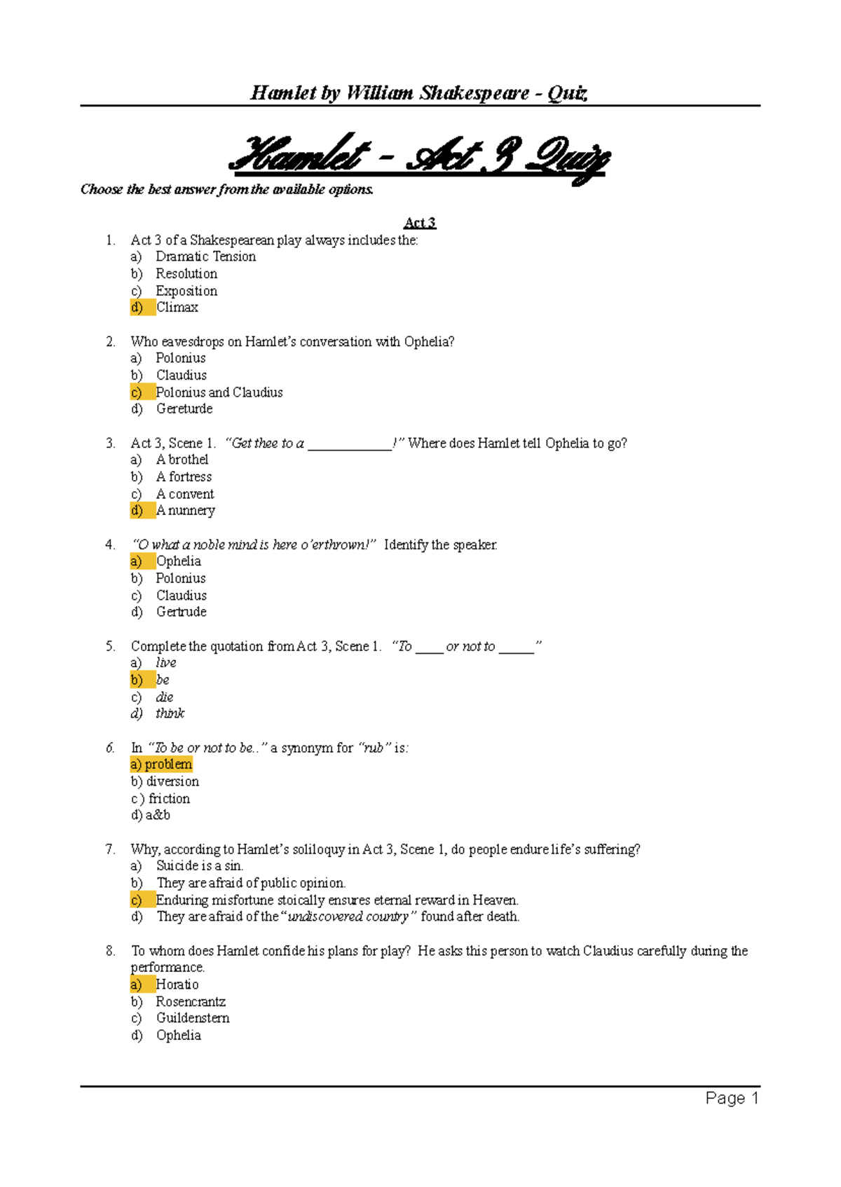 Hamlet (ENG 202) - Act 3 Multiple Choice Quiz Answers and Analysis ...