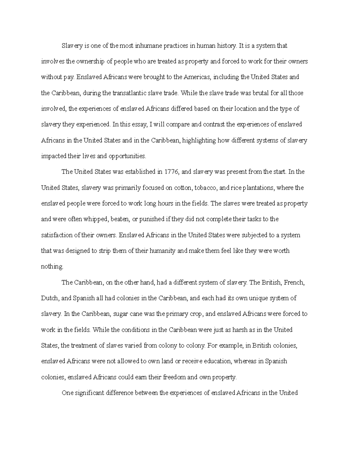 Comparative Analysis of Slavery: US vs Caribbean Experiences - Studocu