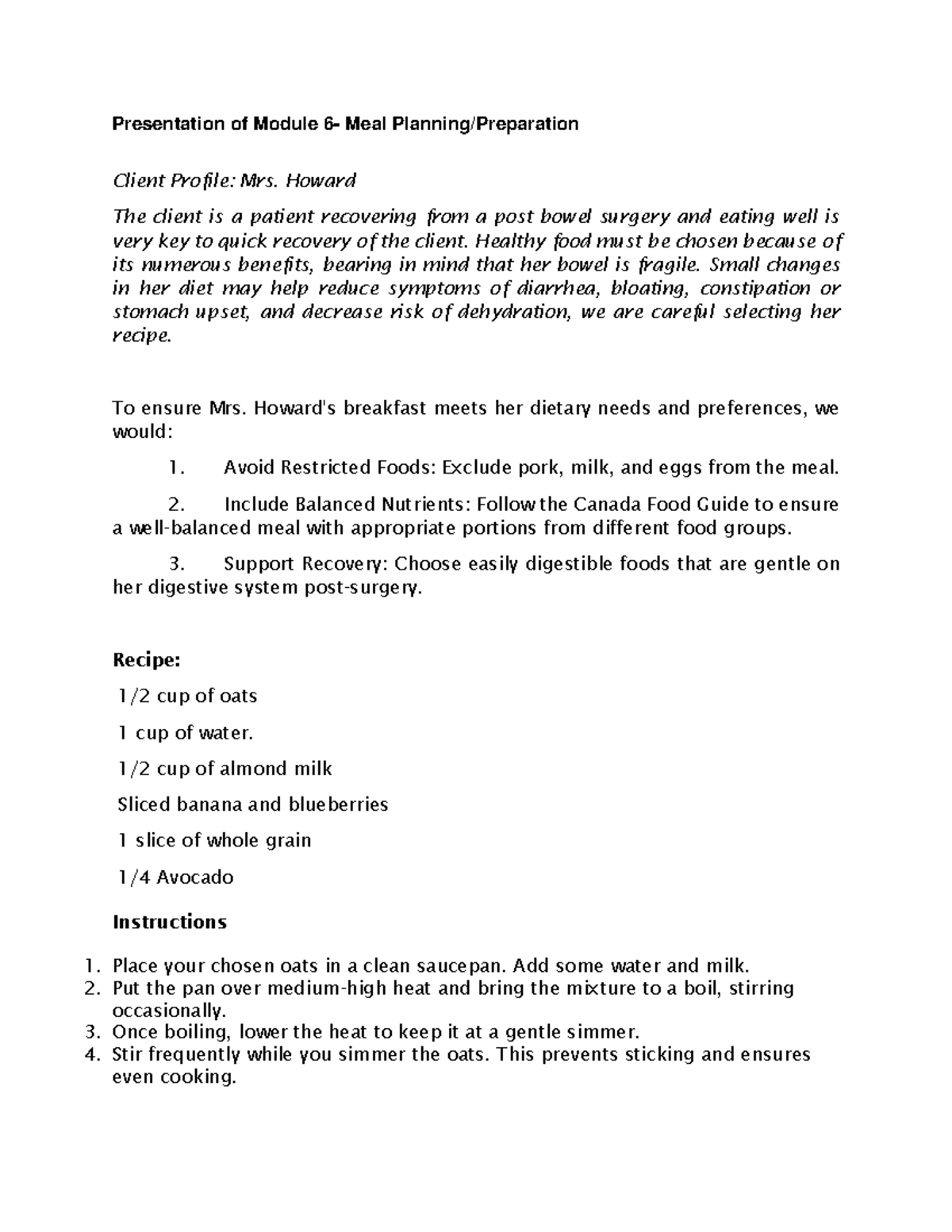 Module 6 Part 2: Meal Planning for Post-Surgery Recovery - Studocu
