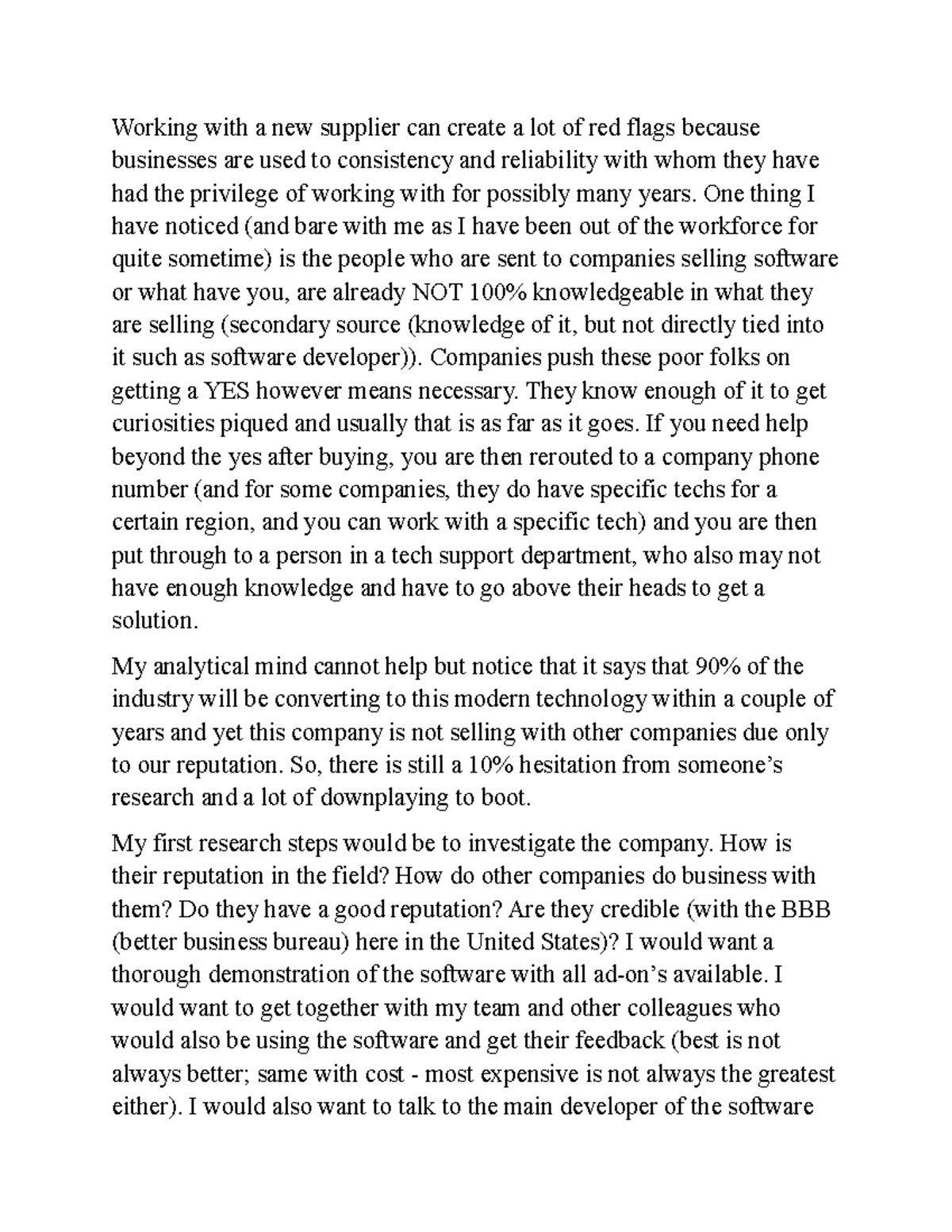 Week 2 Discussion Notes: Evaluating New Supplier Risks and Software ...