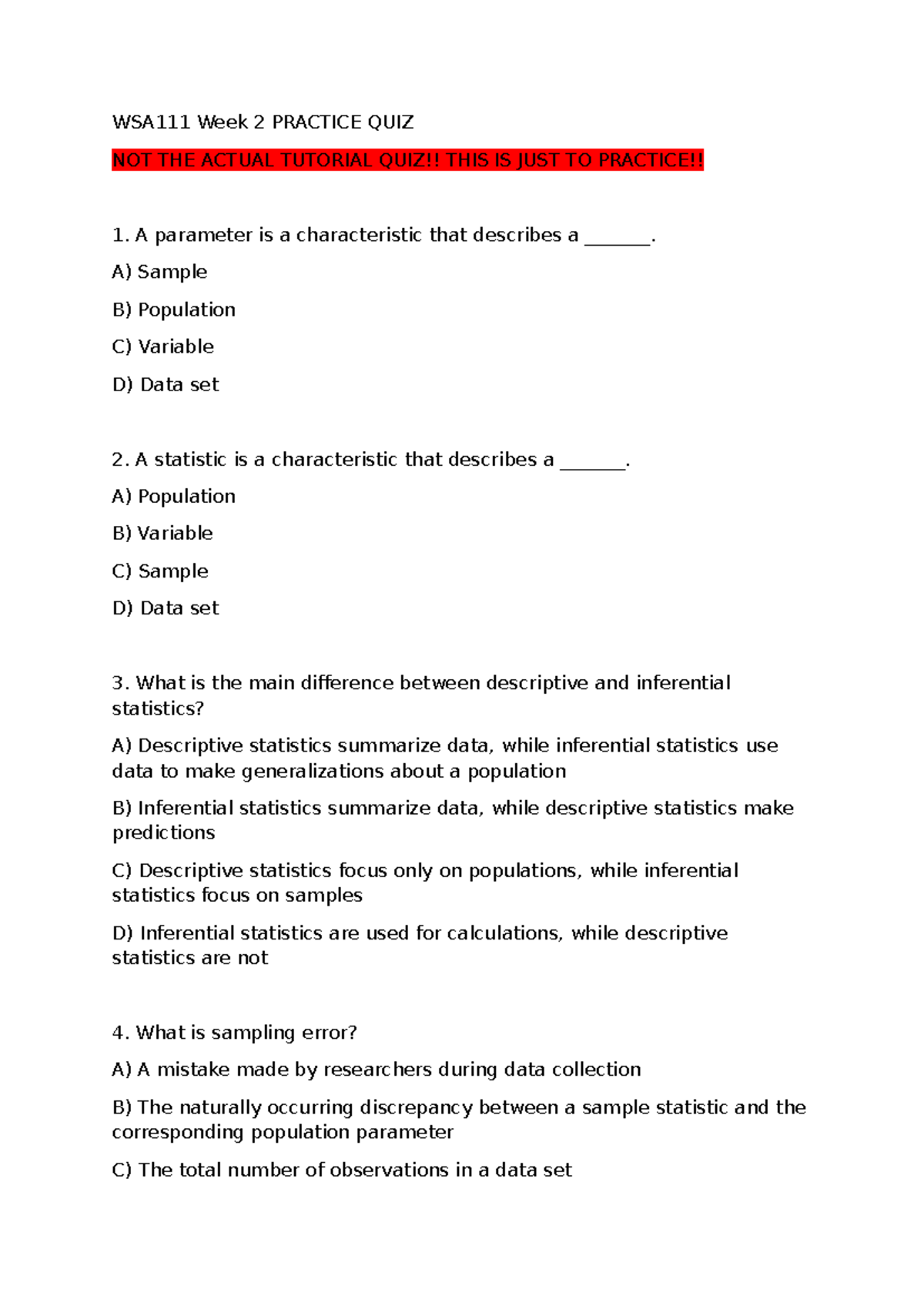 WSA111 Week 2 Practice Quiz: Key Concepts in Statistics - Studocu