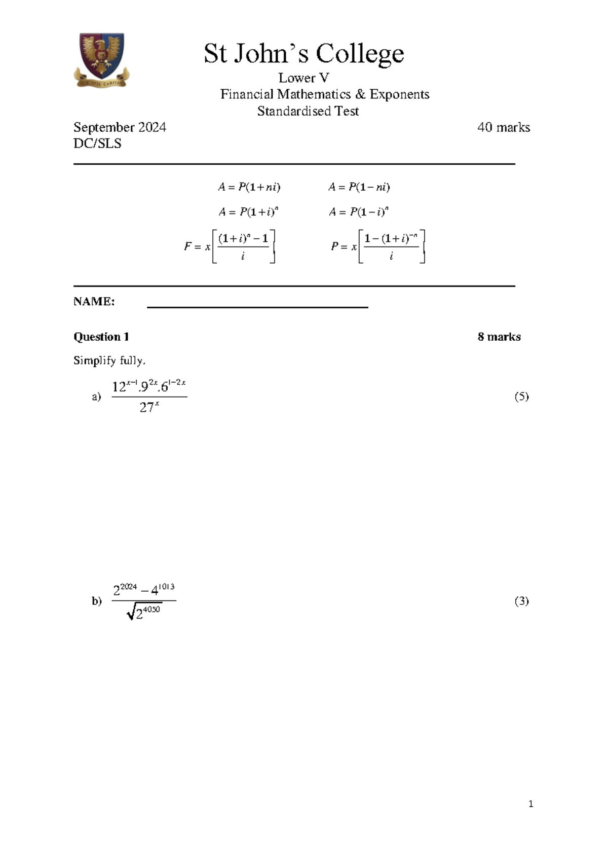 St College Lower V Financial Mathematics Exponents Standardised Test ...