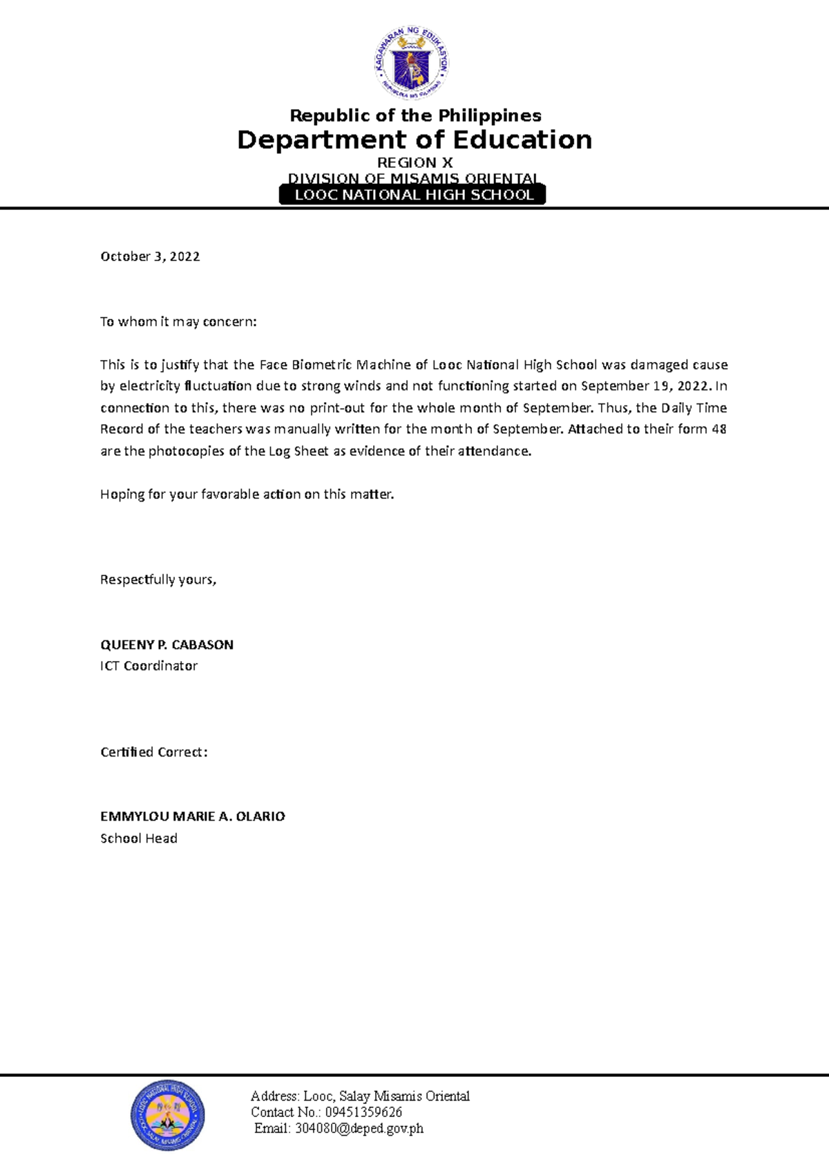 Justification Letter for Face Biometric Machine Damage at Looc NHS ...