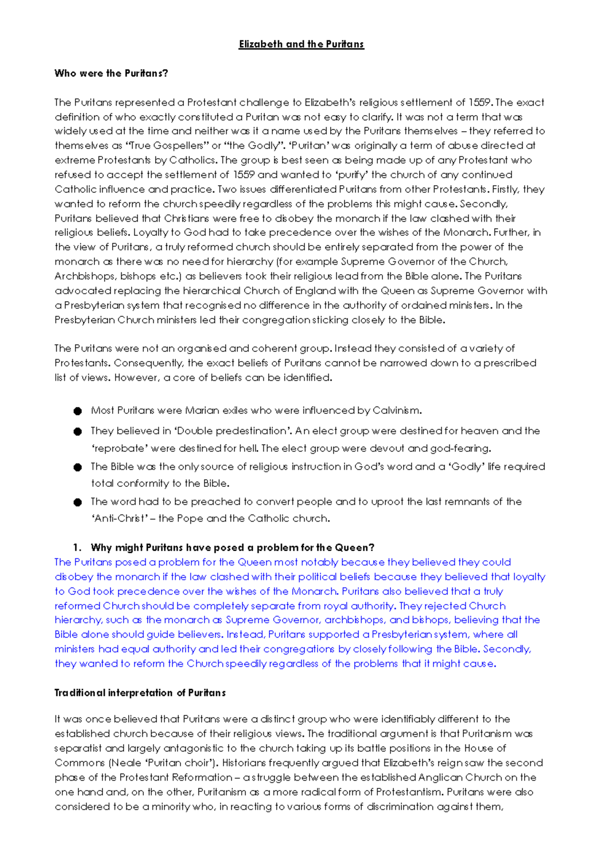 WS - Elizabeth and the Puritans: A Study of Religious Tensions (DEF ...