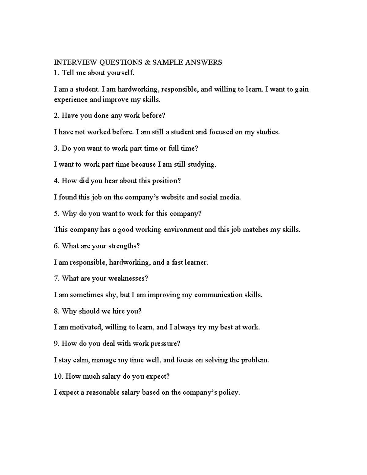 Interview Questions & Sample Answers for Students - Studocu