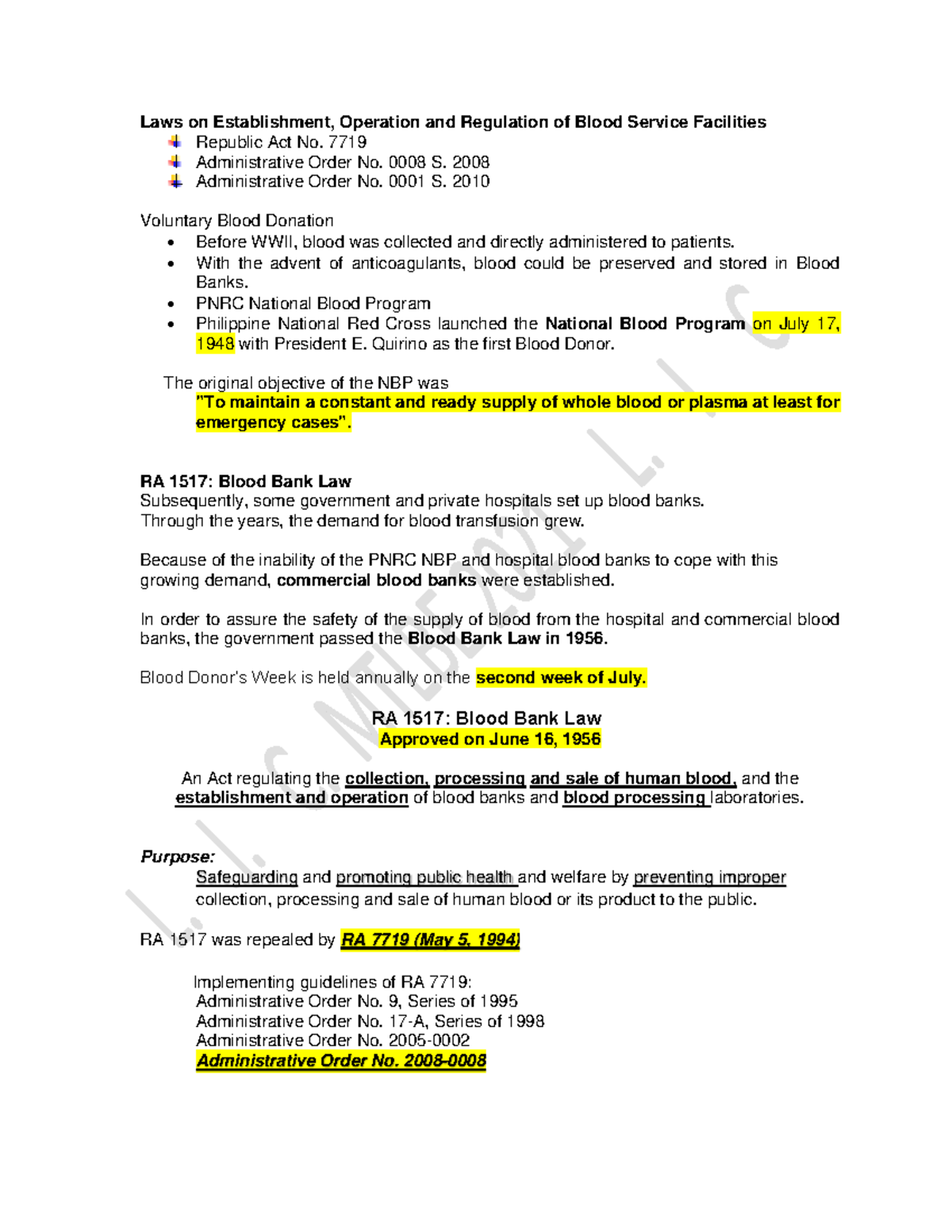 RA 7719 & RA 1517: Blood Bank Law Summary Handout - Studocu