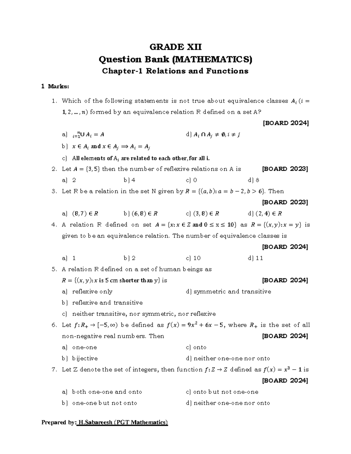 GRADE XII Mathematics Question Bank: Chapter 1 - Relations and ...