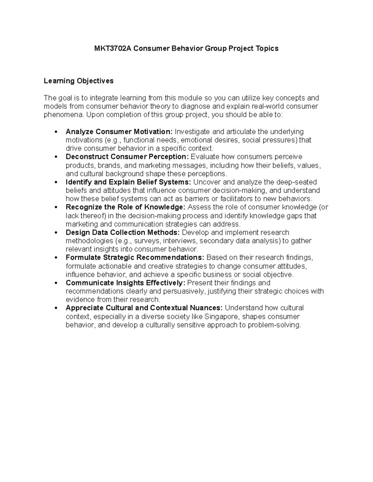 MKT3702A Consumer Behavior Group Project: Key Topics & Objectives - Studocu