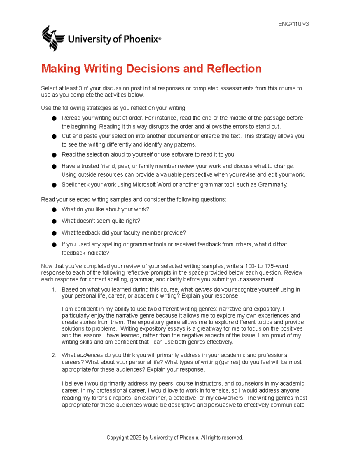 ENG/110 v - Final Draft: Writing Decisions & Personal Reflection - Studocu