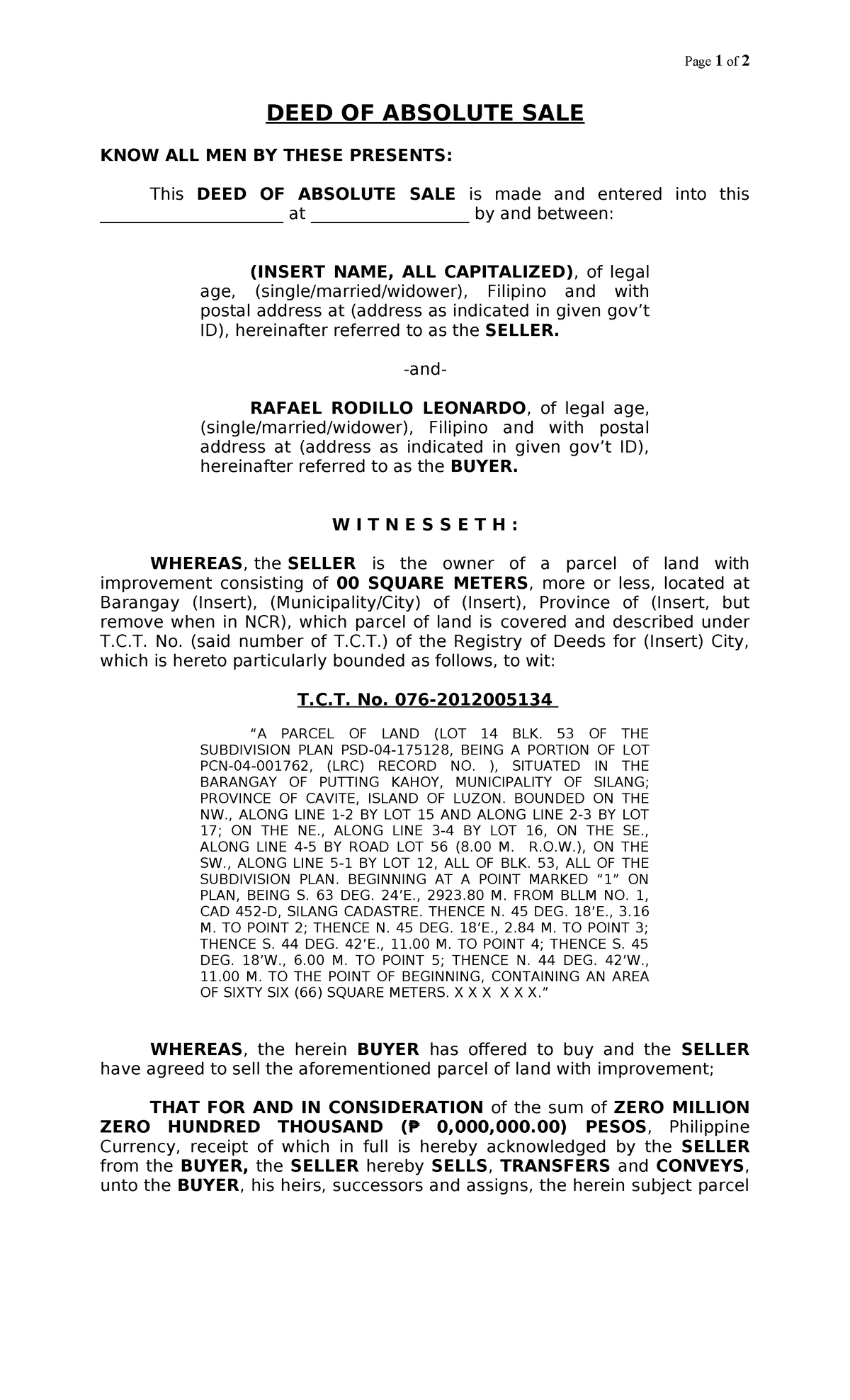 Deed of Absolute Sale - Layout for Property Transfer - Studocu