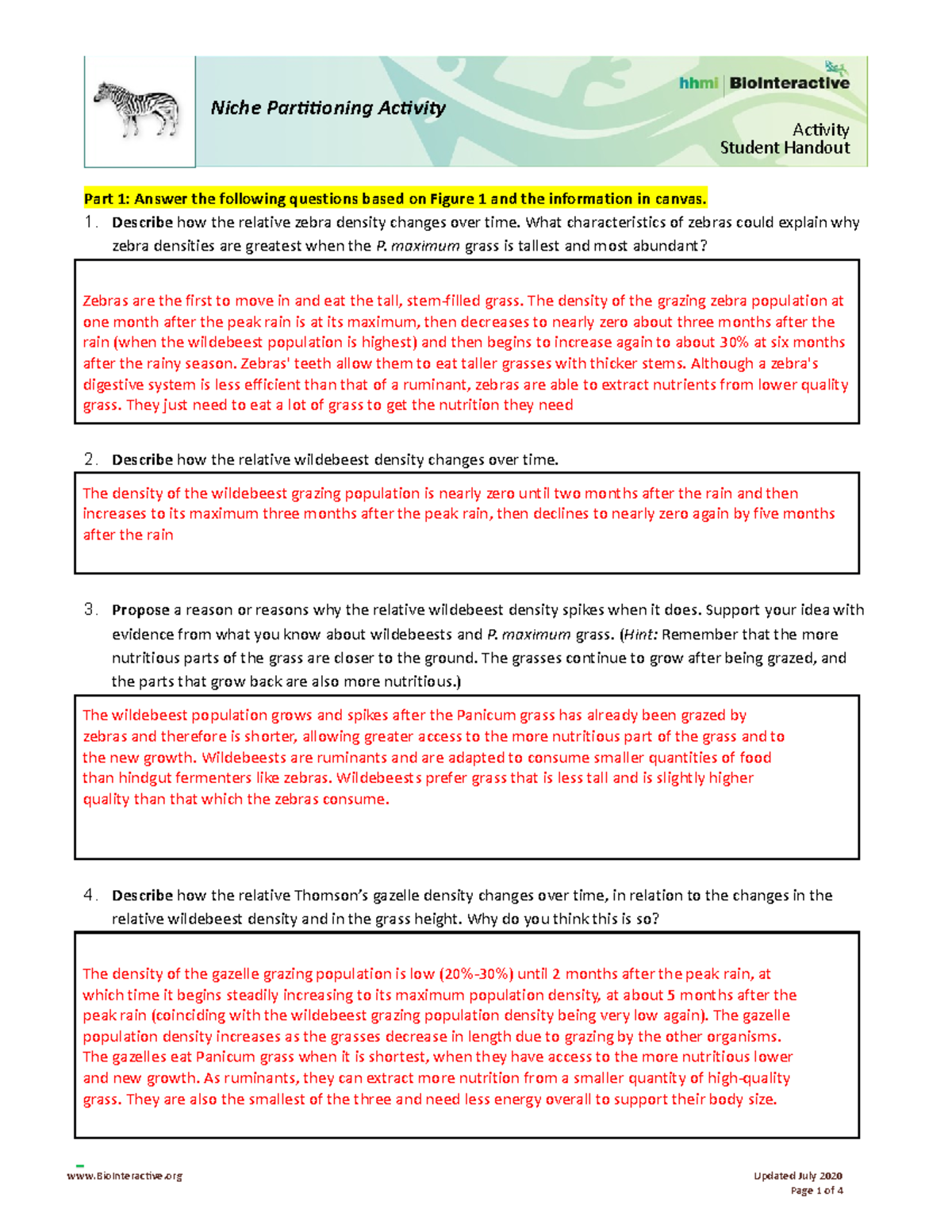 HHMI - Niche Partitioning Activity - Student Handout Analysis - Studocu
