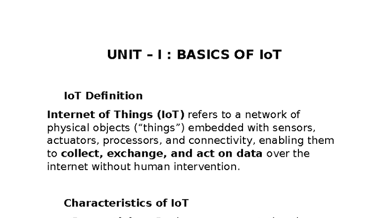 IoT UNIT I: Fundamentals of Internet of Things (IoT) - Studocu