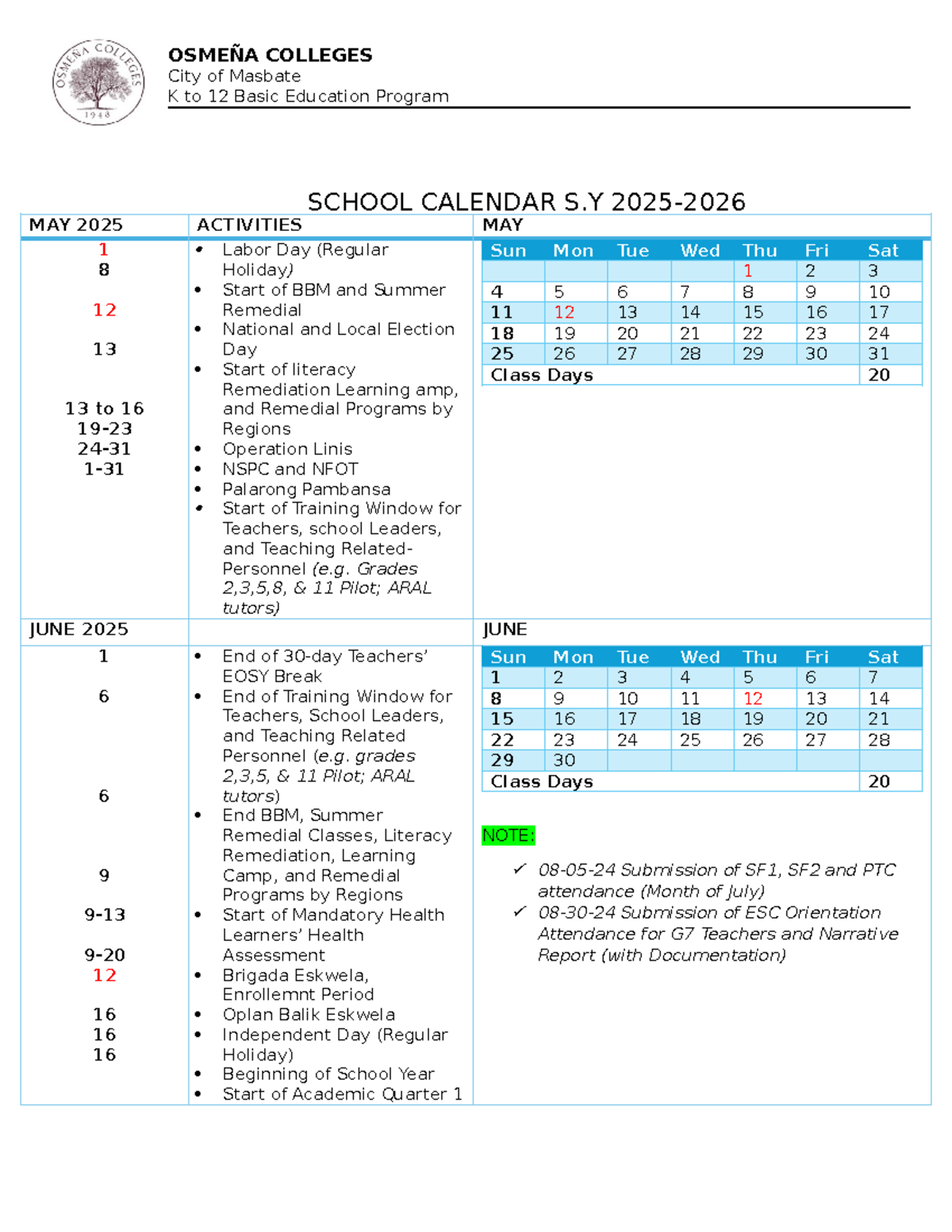 School Calendar 2025-2026 for K to 12 Basic Education Program - Studocu