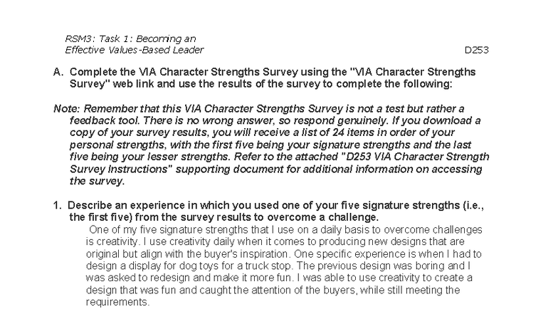 RSM3: Task 1 - Effective Leadership & VIA Strengths Analysis D253 - Studocu