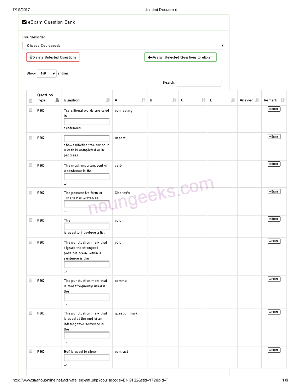 ENG122 - eExam Question Bank: Selected FBQ & MCQ Questions - Studocu