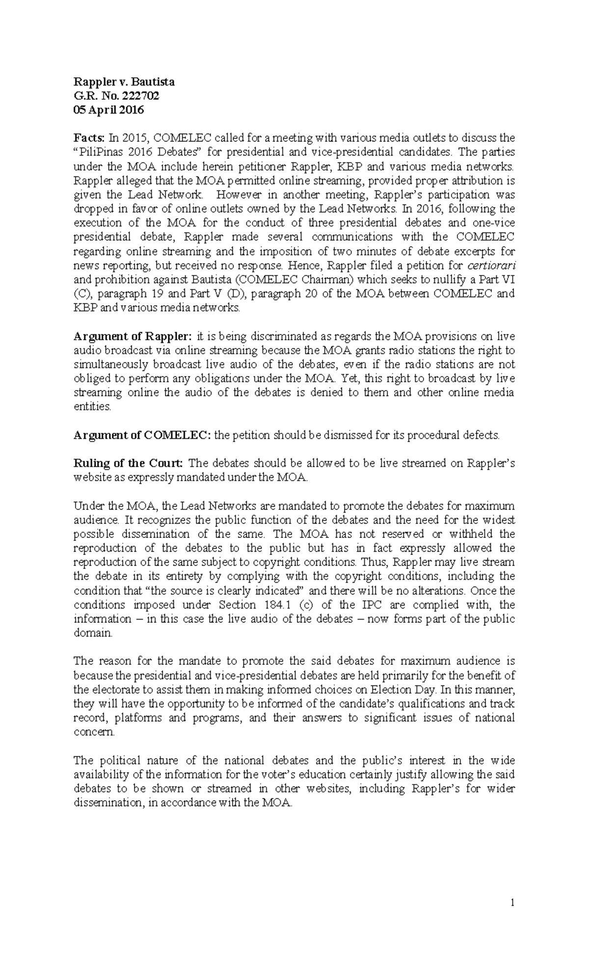 E-CRIP CASE Digest 1 - Rappler v. Bautista G. No. 222702 05 April 2016 ...