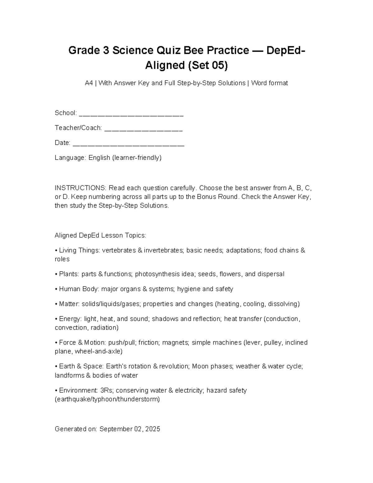 Grade 3 Science Quiz Bee Practice DepEd Aligned (Set 05) with Answers ...