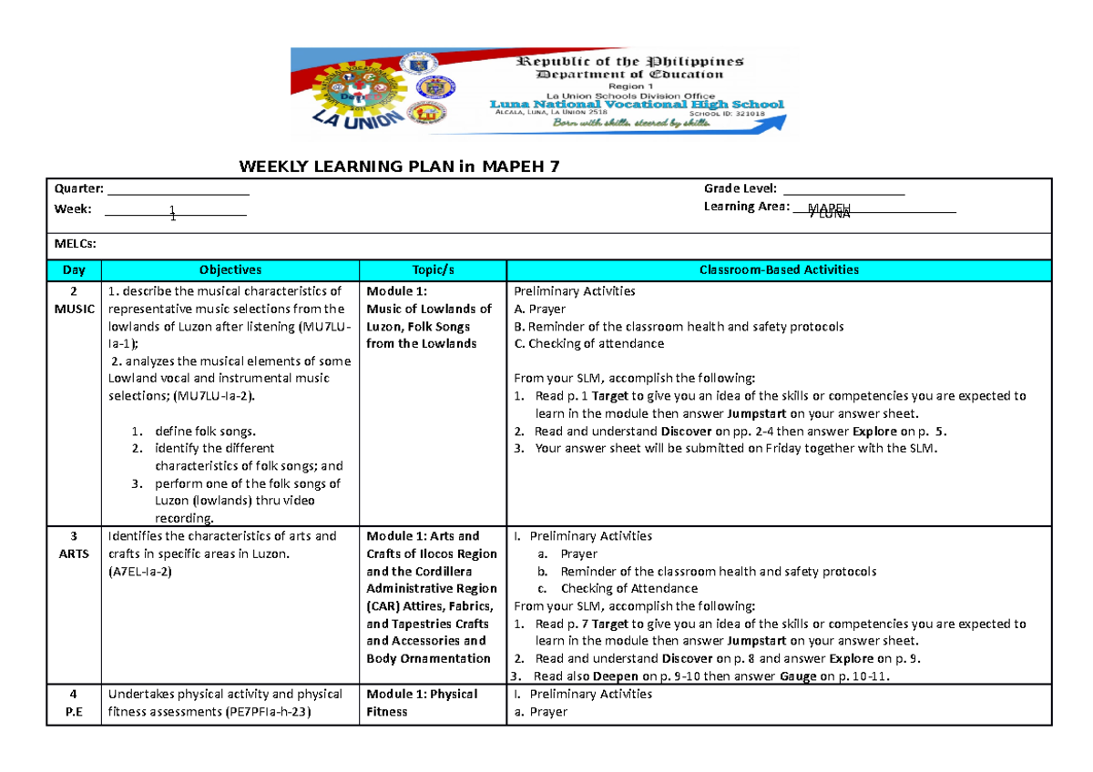2022-2023 Weekly Learning Plan for MAPEH 7 (WLP MAPEH 7 W1) - Studocu